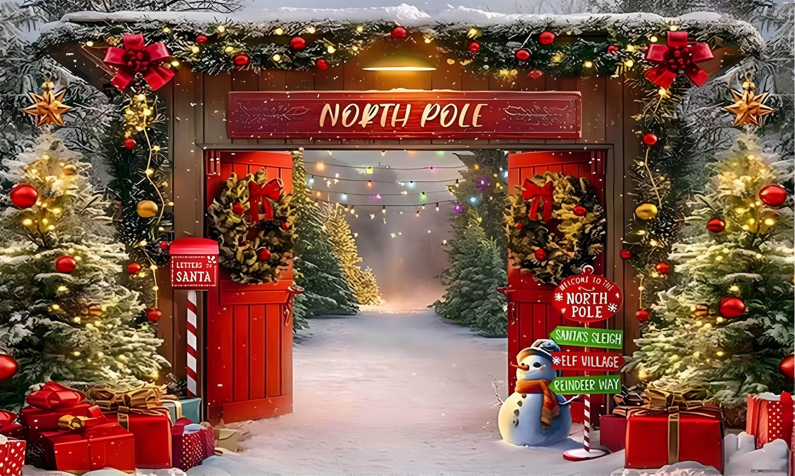 Christmas Backdrop Winter Forest Wooden Barn Door North Pole Snowy Xmas ...