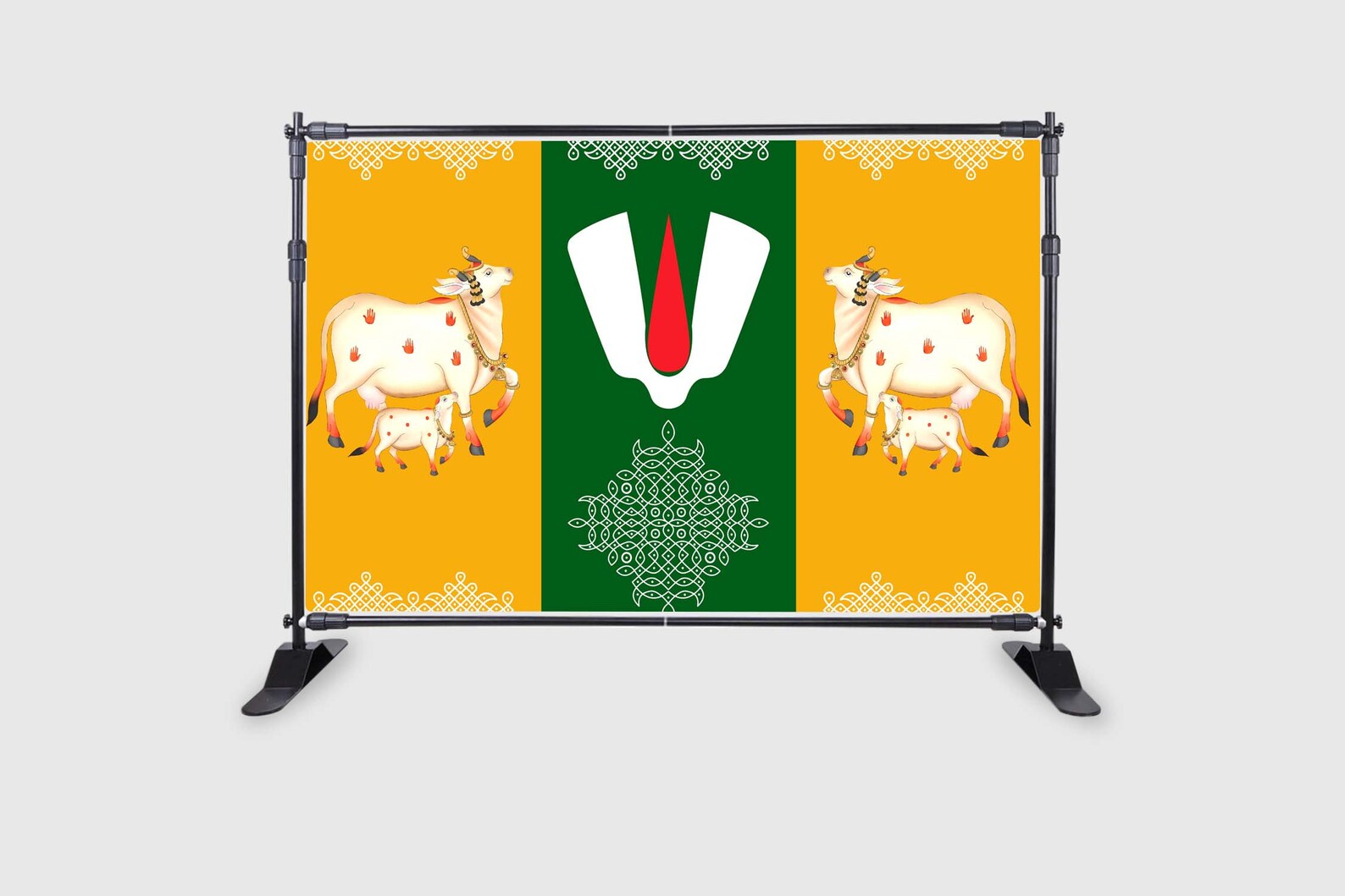 Tirupati Balaji Tilak With Cows and Muggu Design Backdrop Curtain for ...