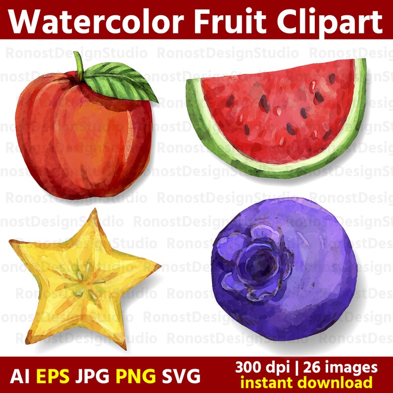 Watercolor Fruit Clipart Set, Fruit Svg, Watermelon Png, Watermelon Svg ...