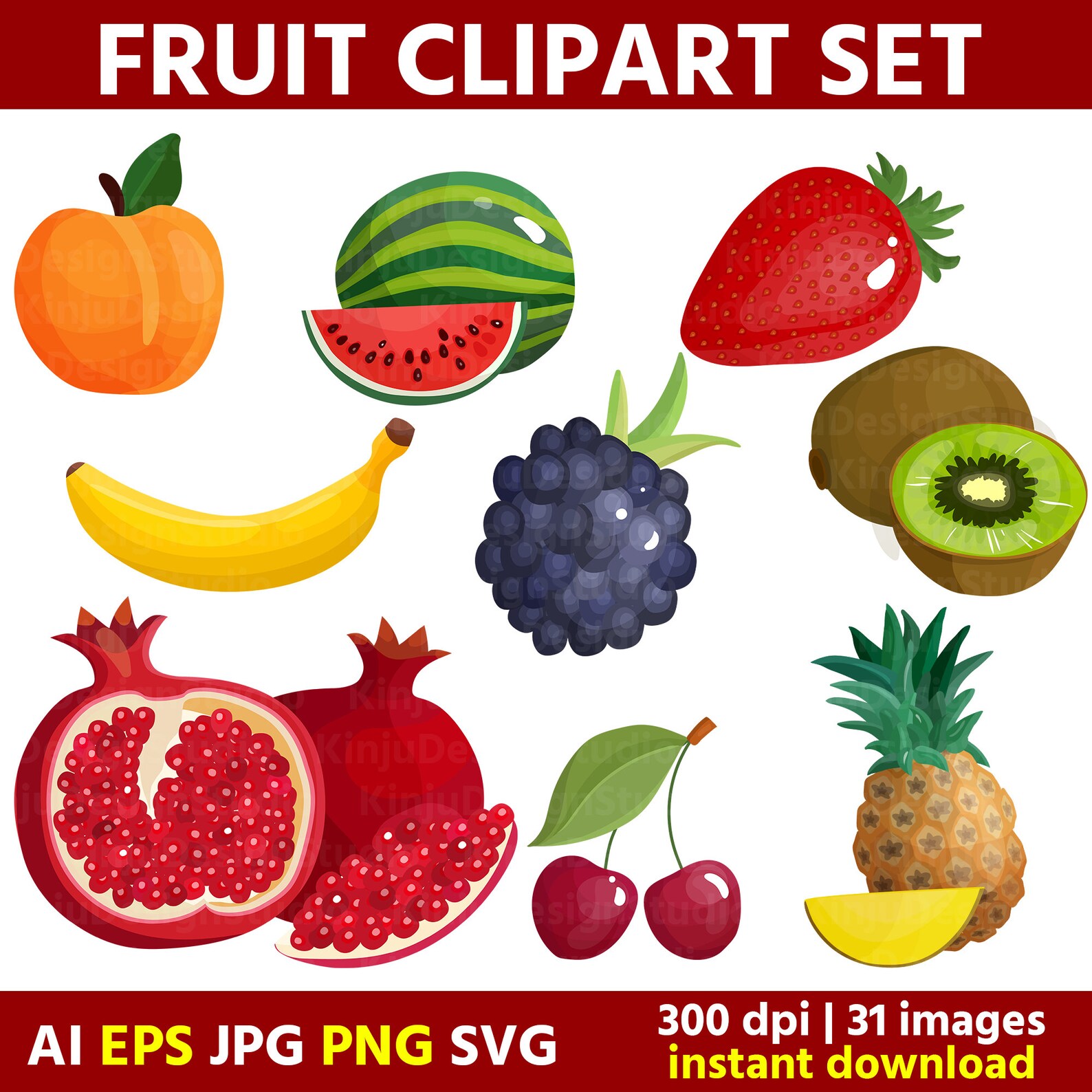 Fruit Clipart Set, Fruit Svg, Strawberry Svg, Watermelon Svg ...