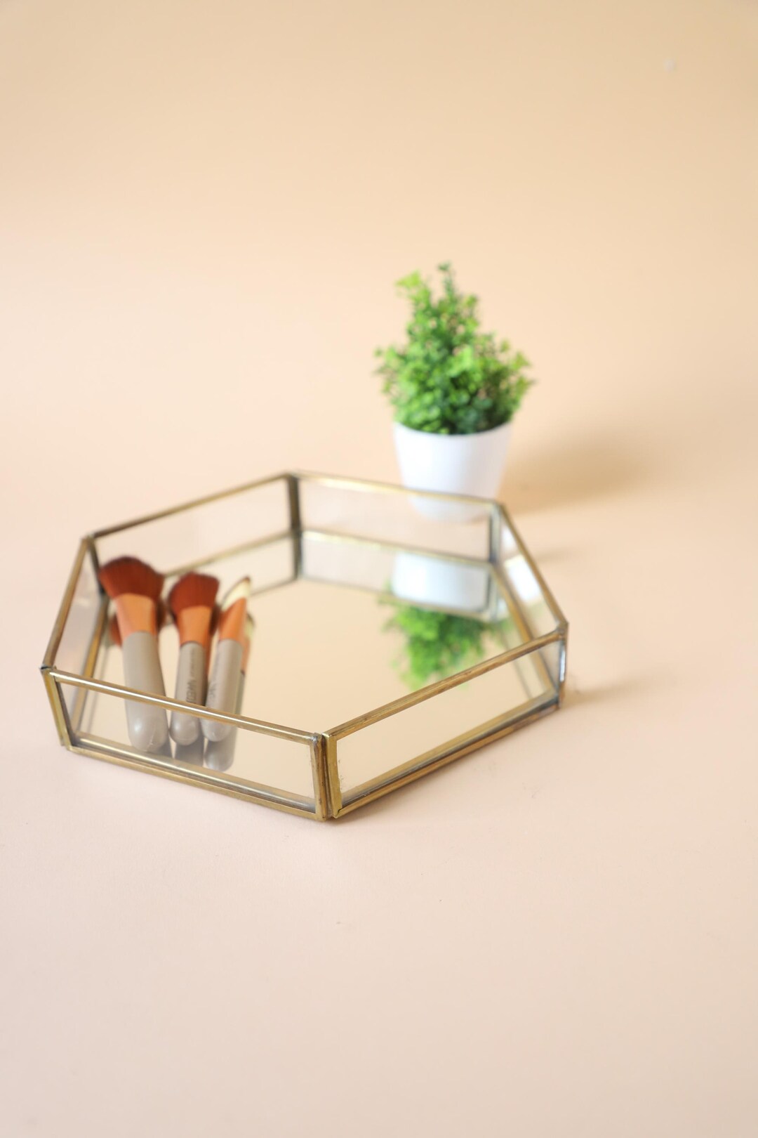 Hexagonal Glass and Brass Mirrored Tray Elegant Jewelry and Vanity ...