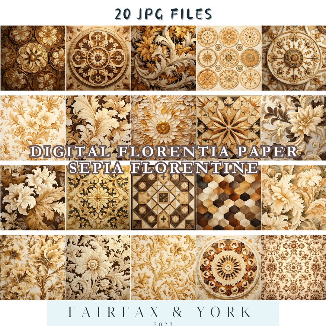 20 Sepia Coloured Florentine Inspired Patterned Paper, Digital Paper ...