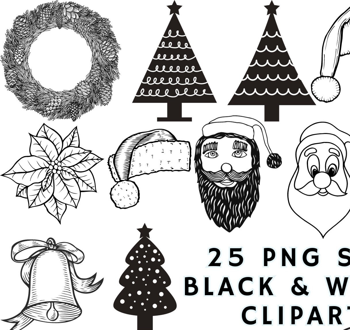 Black and White Christmas Clipart, Christmas Tree, Santa Clipart Png ...