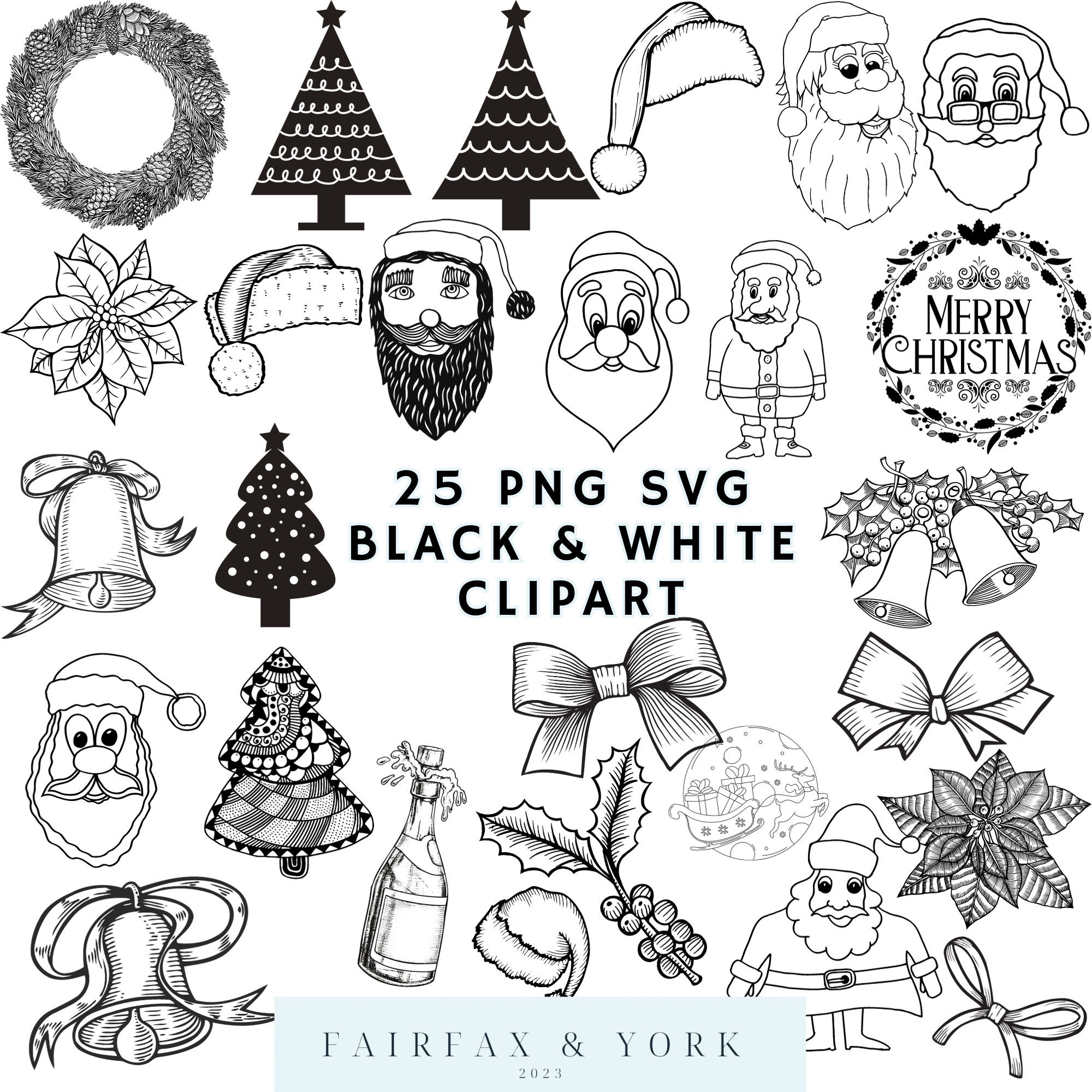 Black and White Christmas Clipart, Christmas Tree, Santa Clipart Png ...