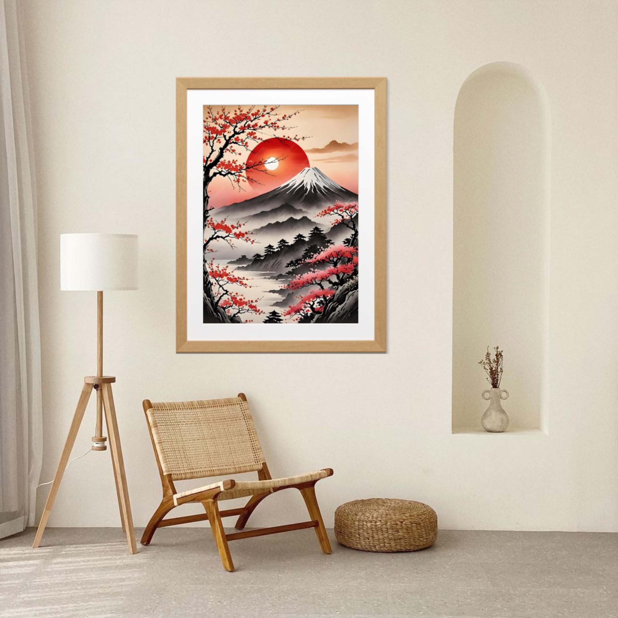 Mount Fuji Art, Cherry Blossom Print, Red Sun Artwork, Asian Landscape ...