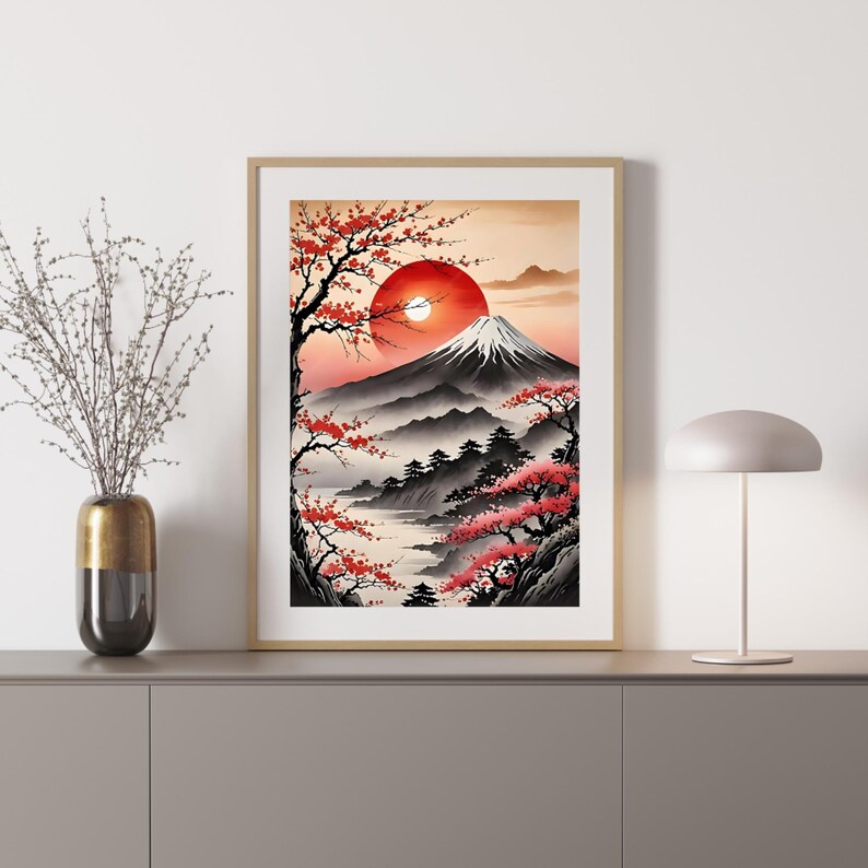 Mount Fuji Art, Cherry Blossom Print, Red Sun Artwork, Asian Landscape ...