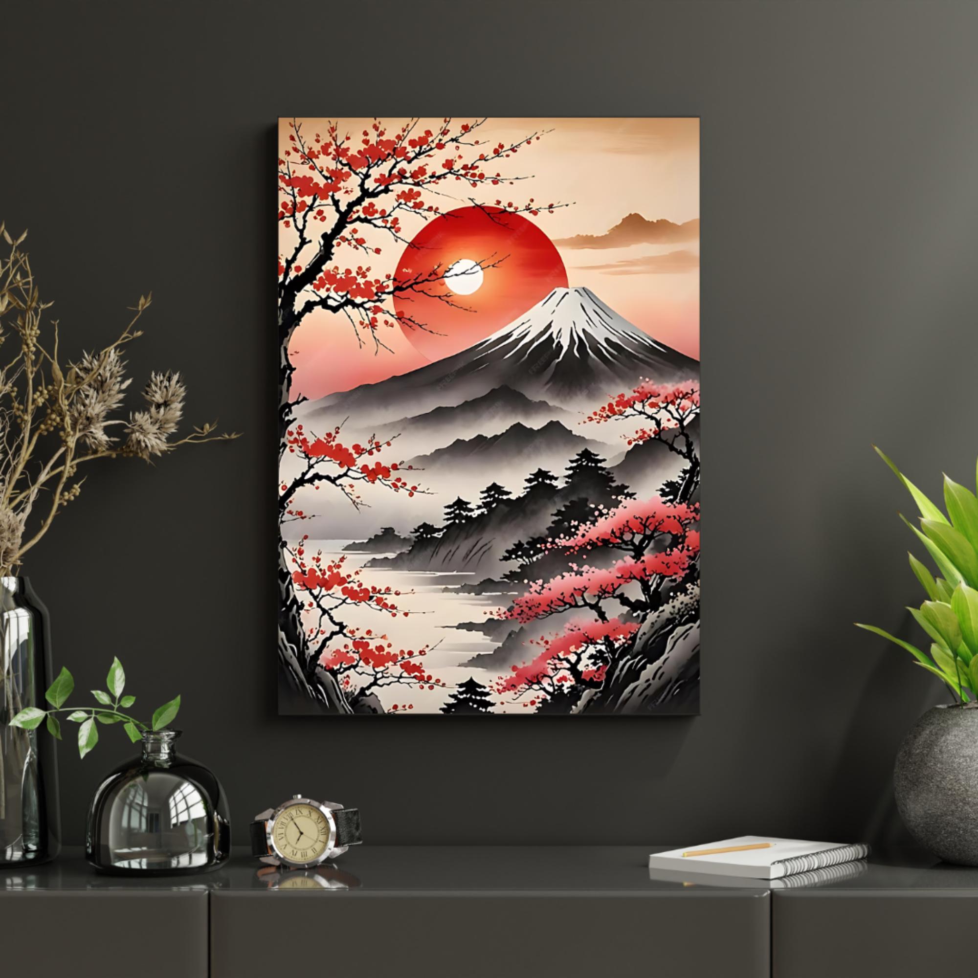 Mount Fuji Art, Cherry Blossom Print, Red Sun Artwork, Asian Landscape ...