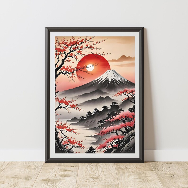 Mount Fuji Art, Cherry Blossom Print, Red Sun Artwork, Asian Landscape ...
