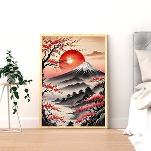 Mount Fuji Art, Cherry Blossom Print, Red Sun Artwork, Asian Landscape ...