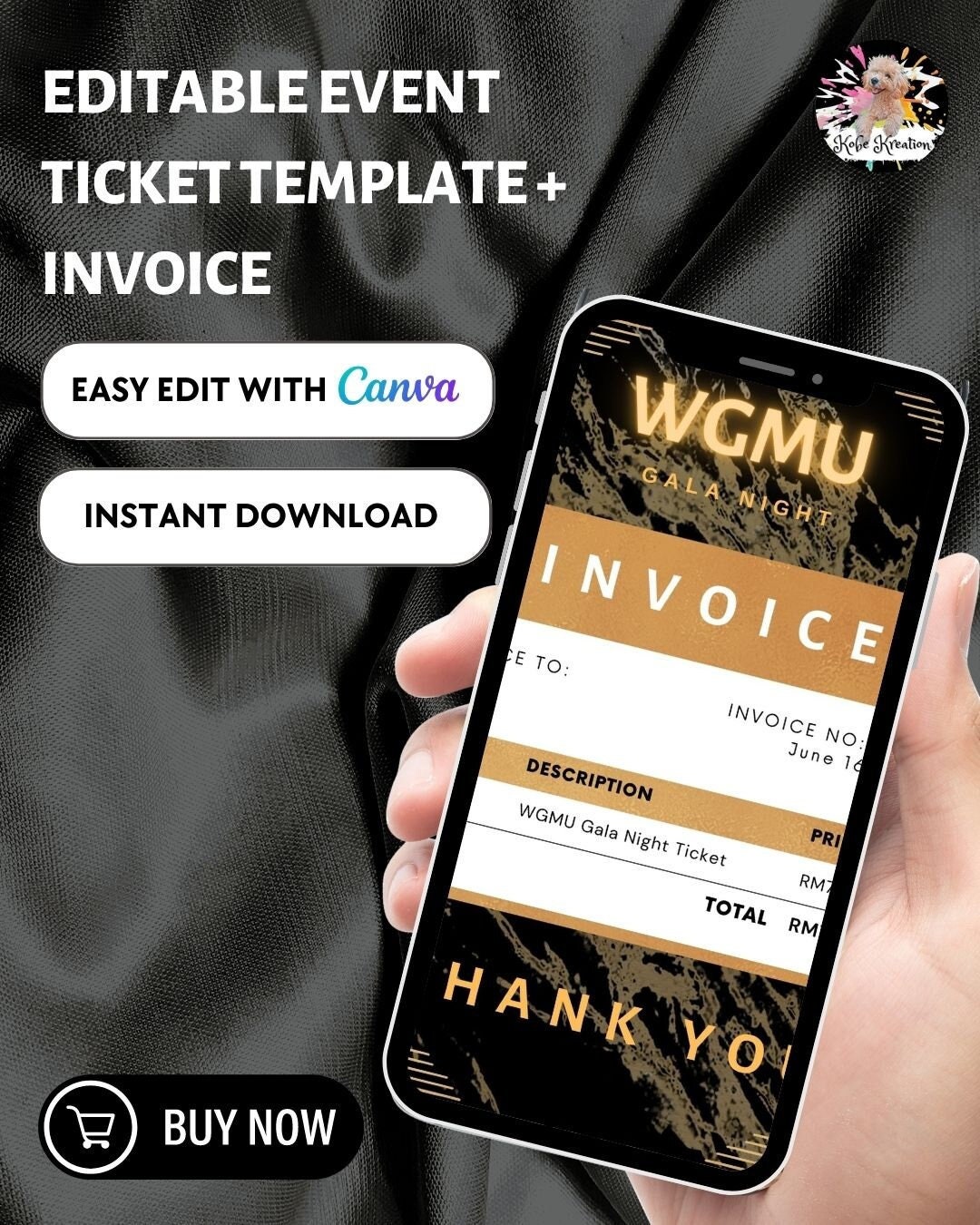 Event Ticket Template Invoice, EDITABLE DIY Event Printable, Black and ...