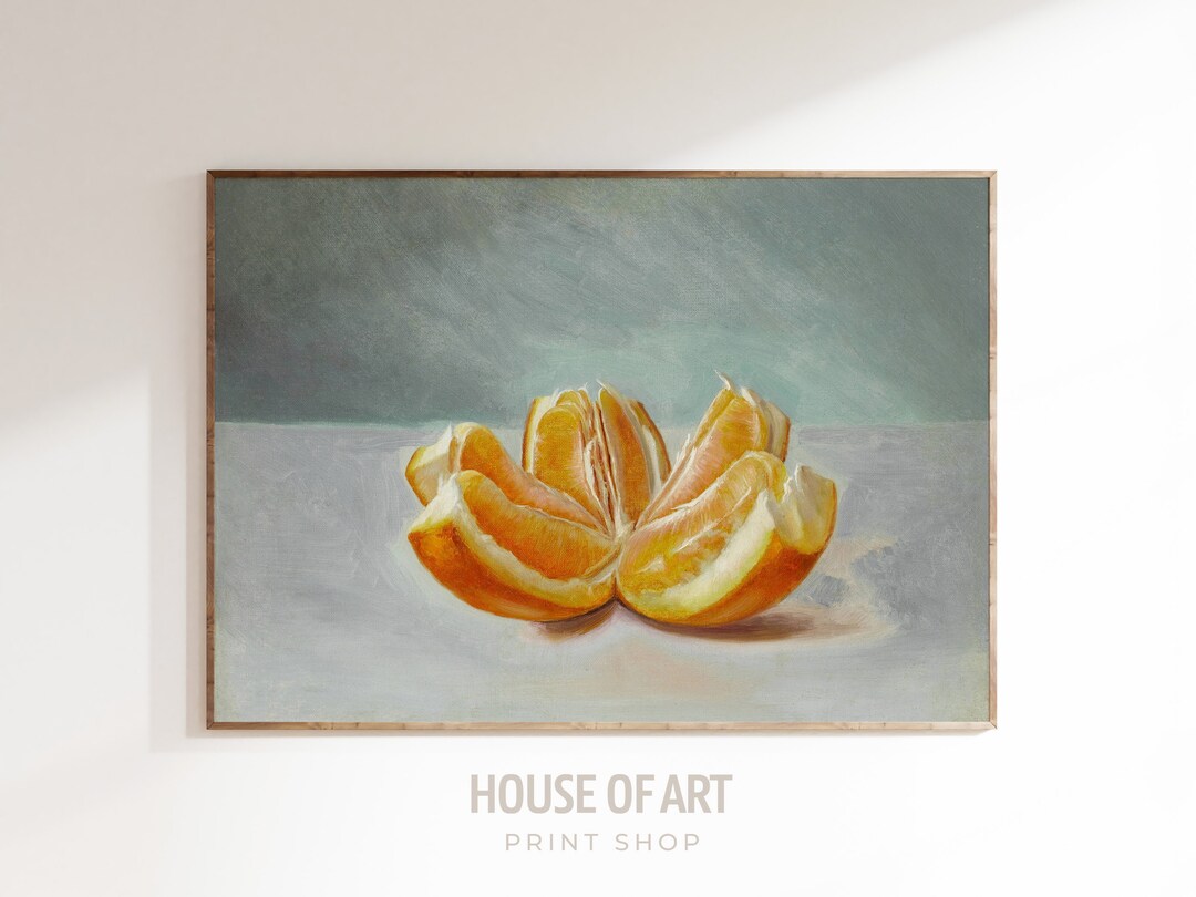 Gran obra de arte IMPRIMIBLE de color naranja, fruta cortada realista ...