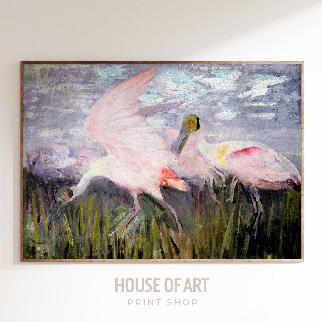 Roseate Spoonbill Painting, Shorebird Print, Vintage Flamingo Art, Bird ...