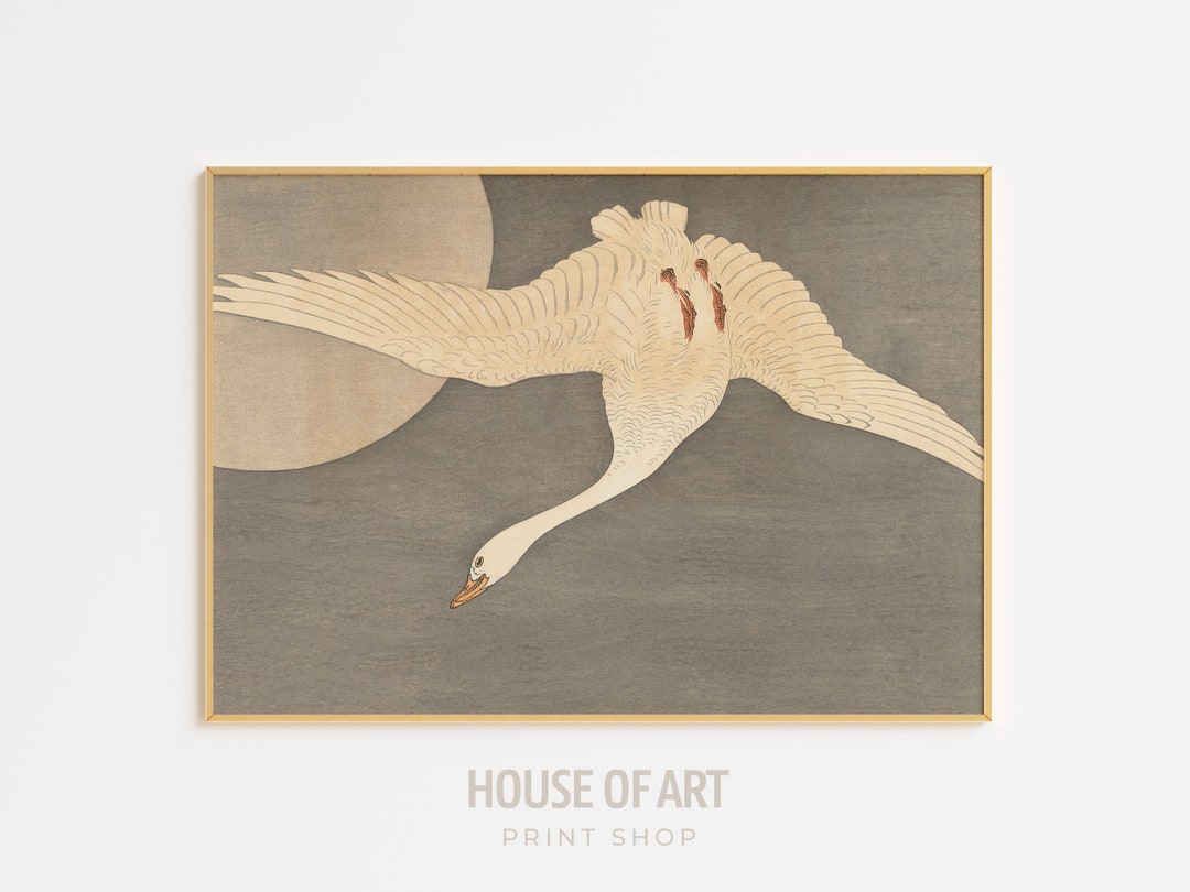 Vintage Bird Print, Japanese Goose Art, Diving Swan at Night, Moon ...