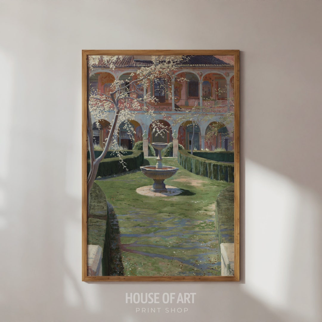 Spanish Garden Print, Printable Cottage Garden, Vintage Oil Painting ...