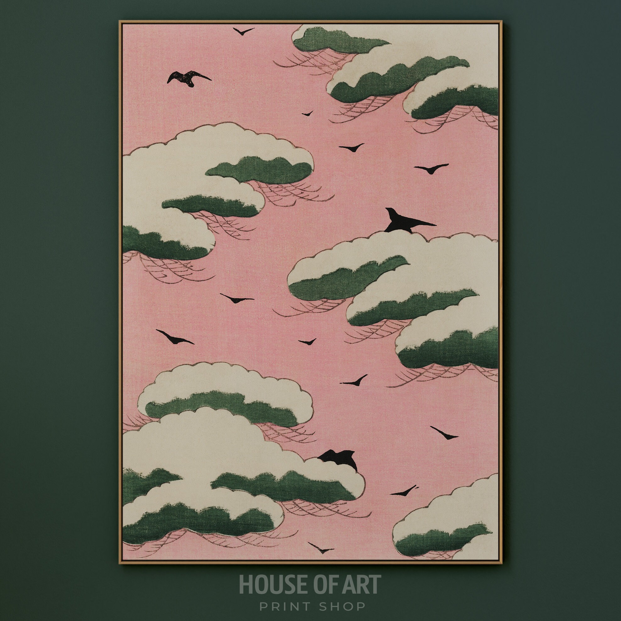Pink Sky Print, Japanese Retro Poster, Birds in the Clouds Wall Decor ...
