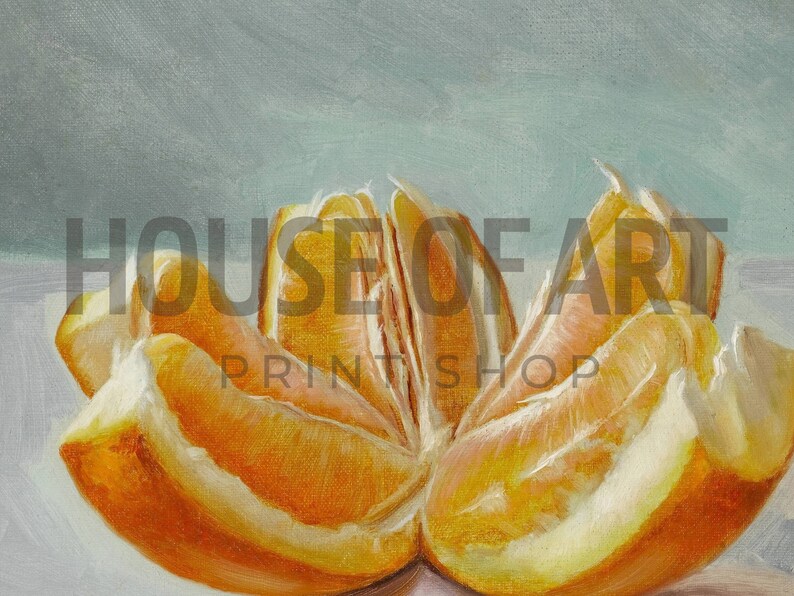 Gran obra de arte IMPRIMIBLE de color naranja, fruta cortada realista ...
