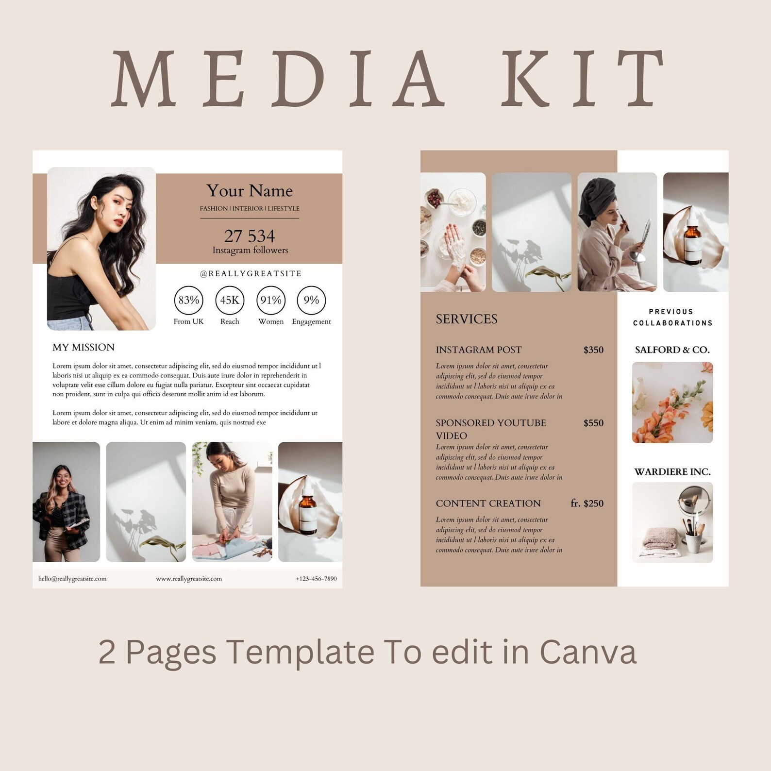 2 Page Media Kit Canva Template | Instagram, Influencer, Blogger ...