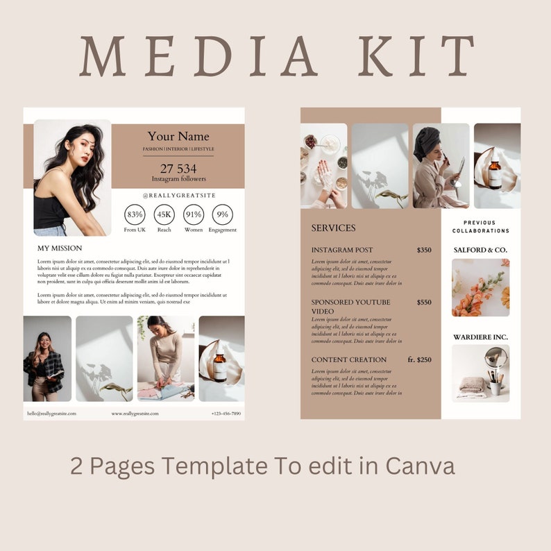 2 Page Media Kit Canva Template | Instagram, Influencer, Blogger ...