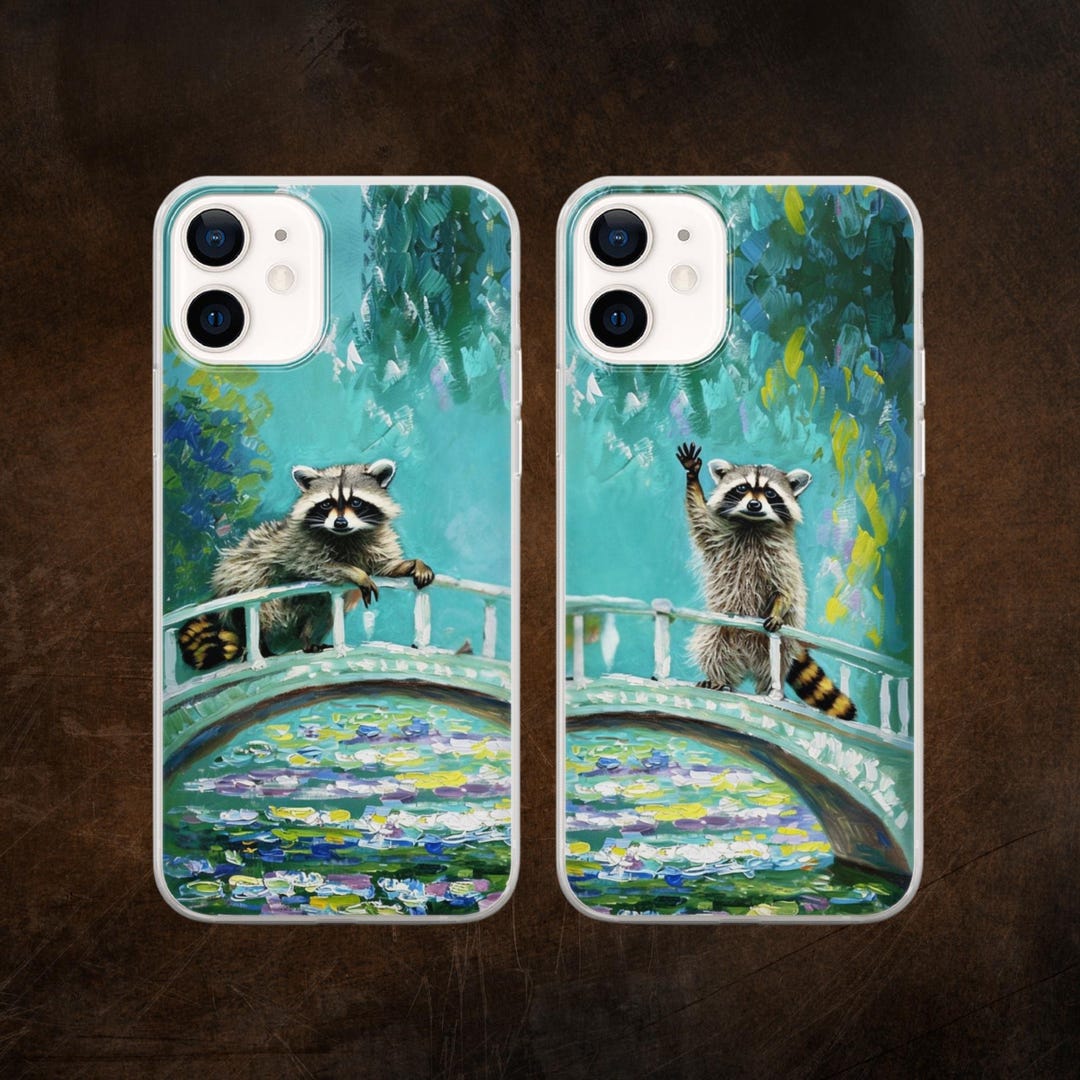 Claude Monet Raccoon Couple Matching Phone Cases for iPhone 16 15 14 13 ...