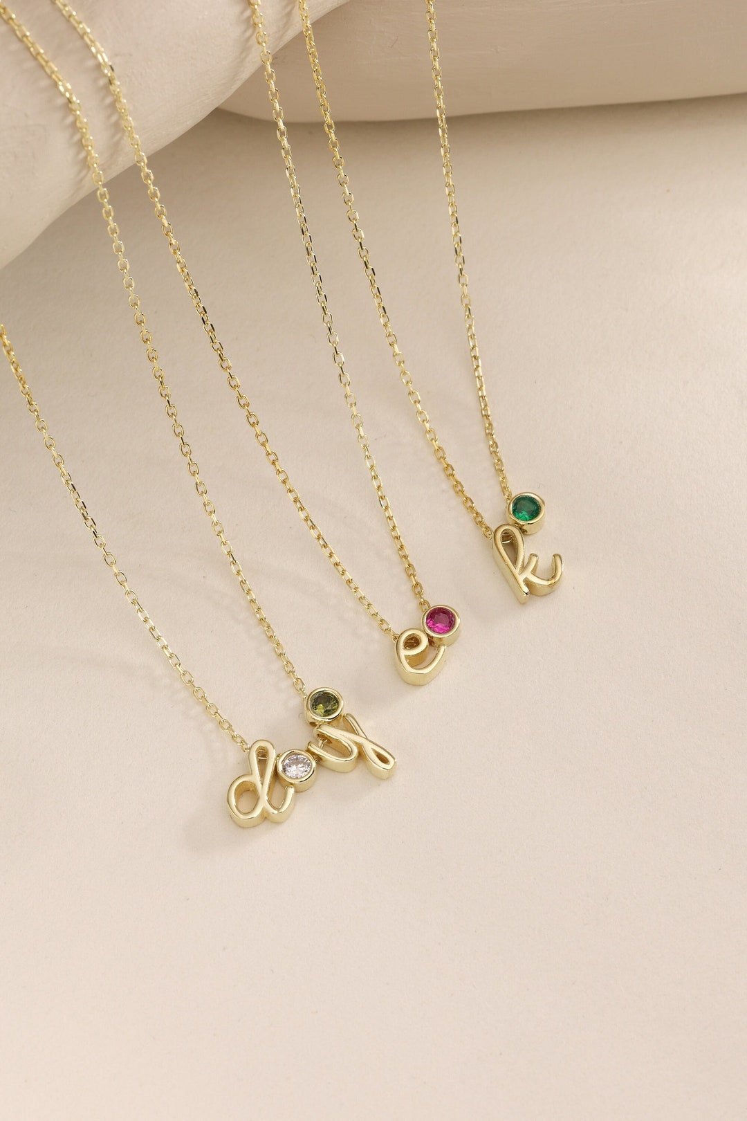 14k Gold Initial Necklace , Birthstone Initial Necklace , Family ...