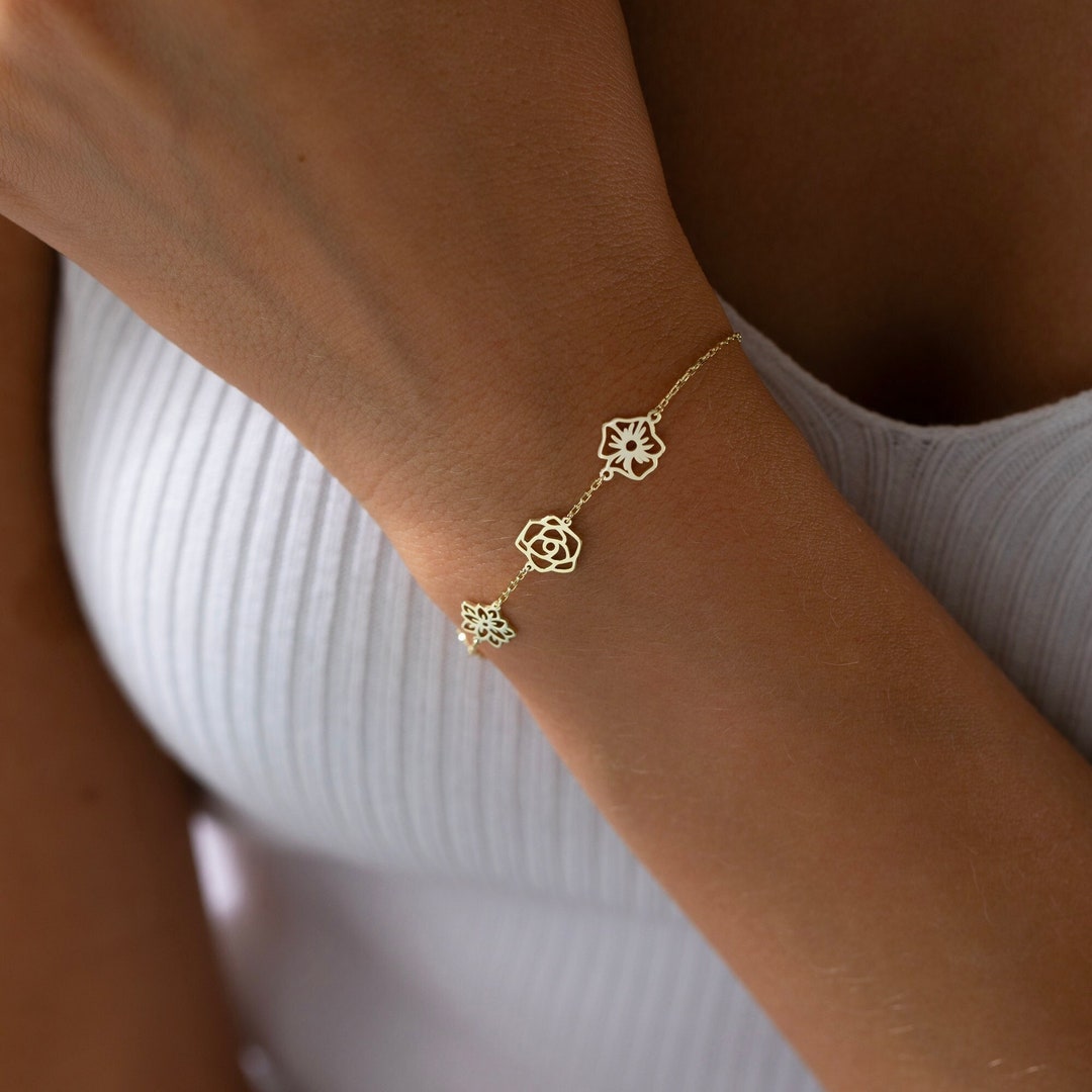 Personalized Birth Flower Bracelet, Custom Birth Flower Bracelet ...