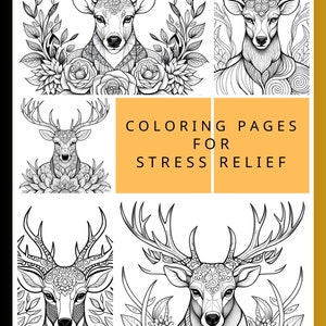 5 Coloring Pages for Adults Kids Teens to Relieve Stress Deer Stag ...