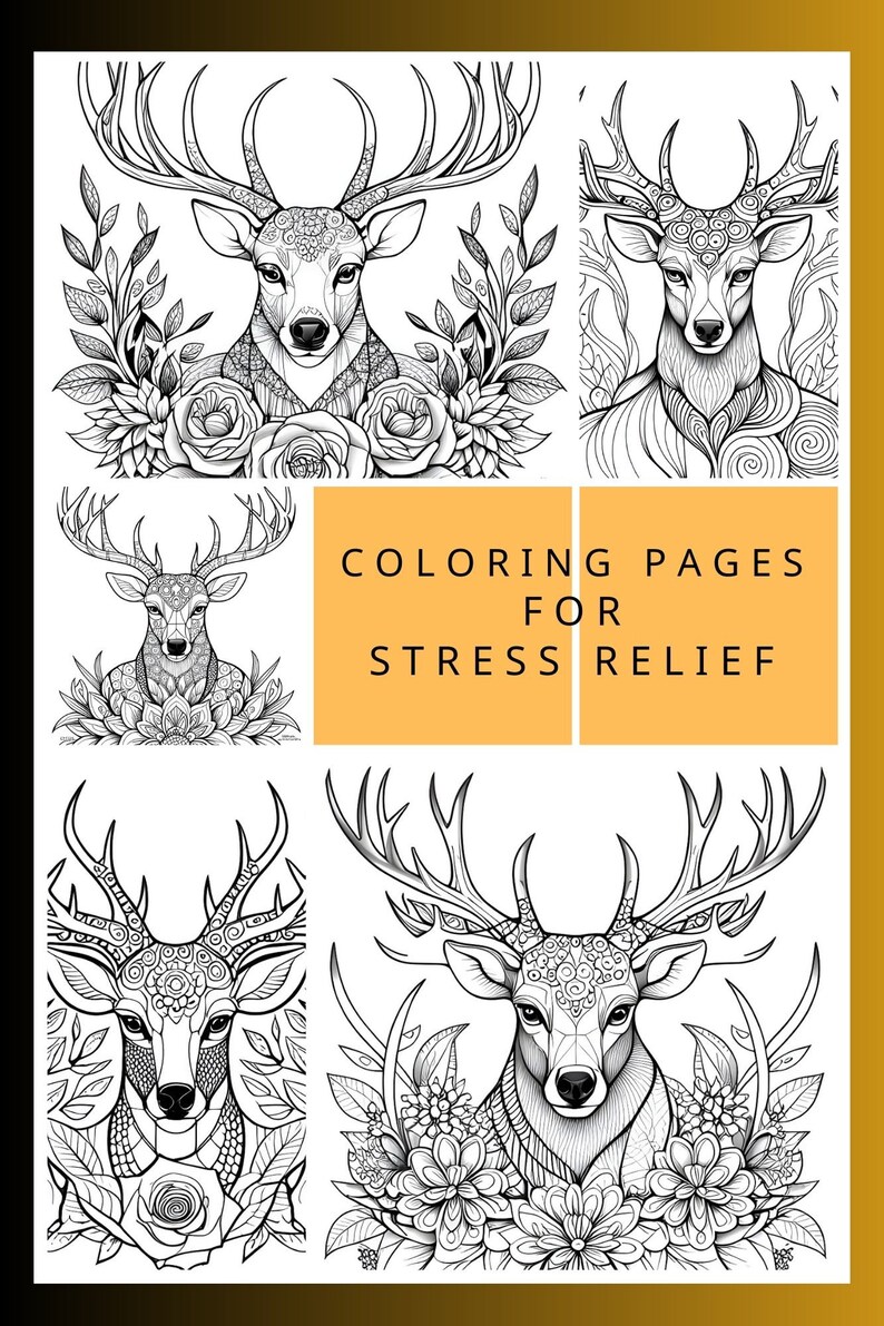 5 Coloring Pages for Adults Kids Teens to Relieve Stress Deer Stag ...