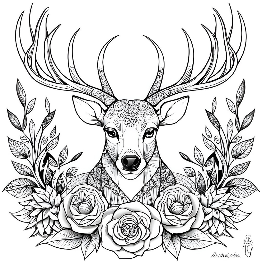 5 Coloring Pages for Adults Kids Teens to Relieve Stress Deer Stag ...