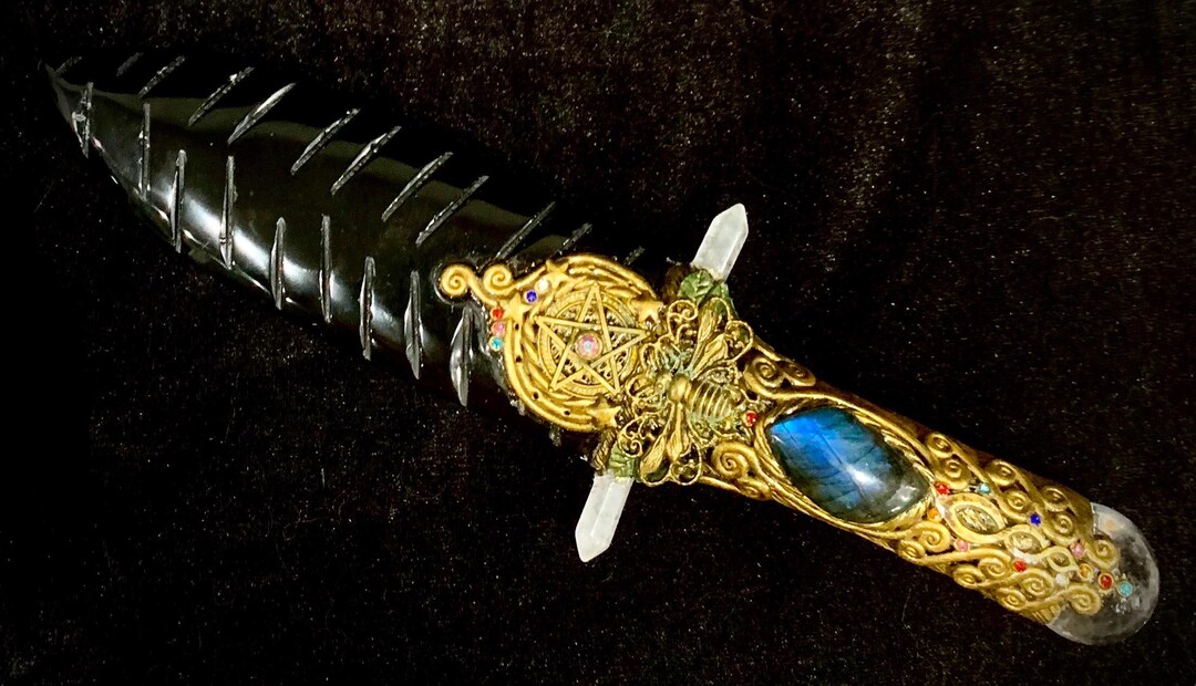 Large Decorative Dagger - Black Obsidian Blade, 2 Clear Quartz Points ...