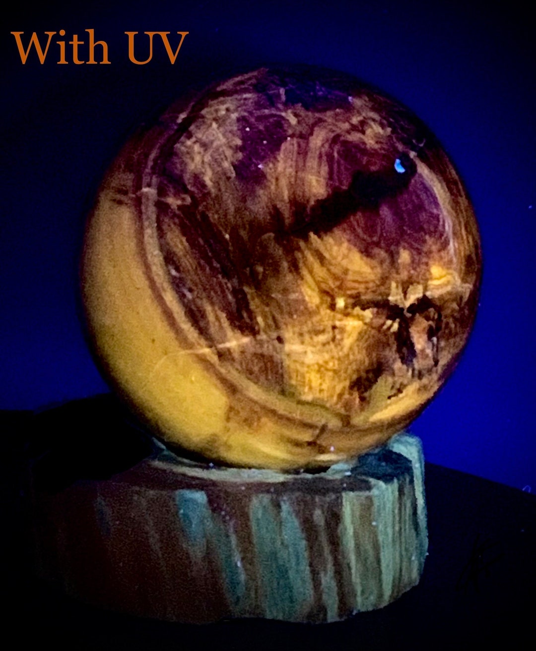 Large Petrified Wood Sphere With Custom Wood Stand - UV Reactive - Over ...