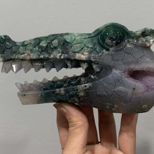 Crocodile / Alligator Hand Carved RARE Spotted Moss Agate and Amethyst ...
