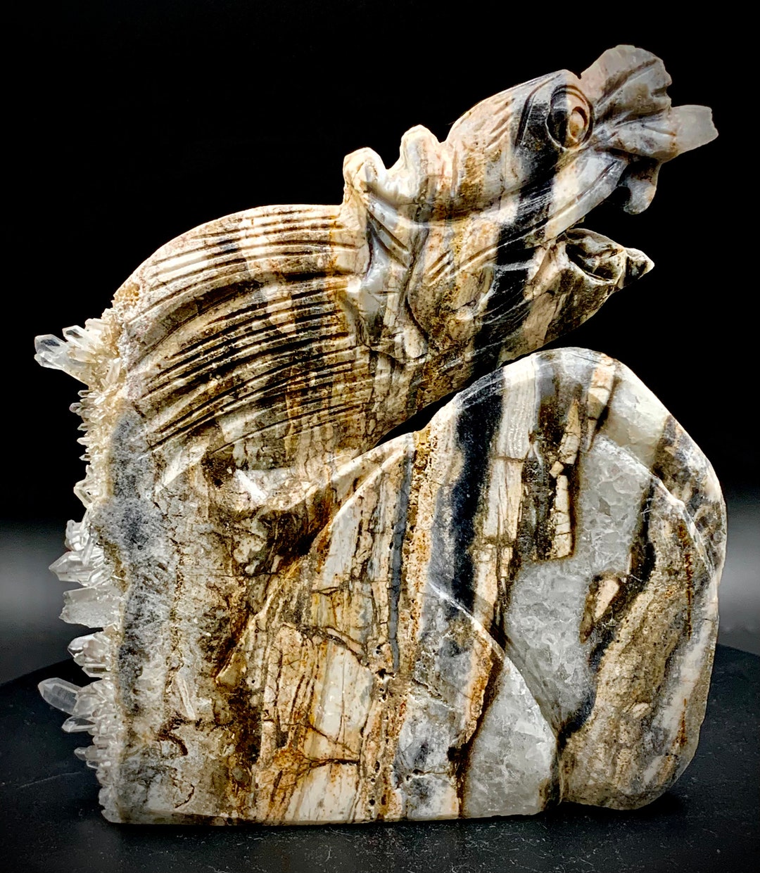Dragon - Hand Carved - Petrified Wood With Clear Quartz Crystal Cluster ...