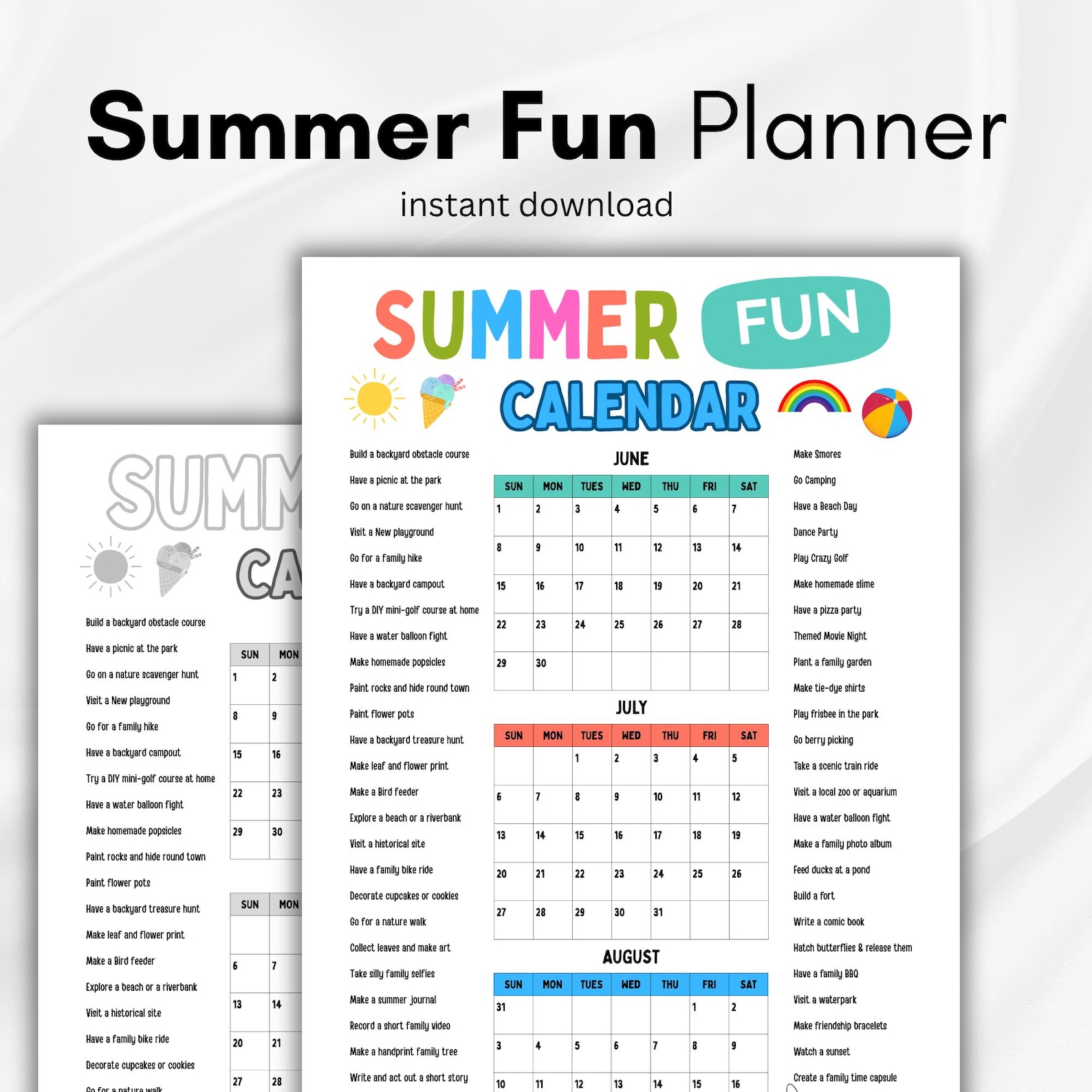 Kids' Summer Activity Calendar | Printable Family Bucket List (digital ...
