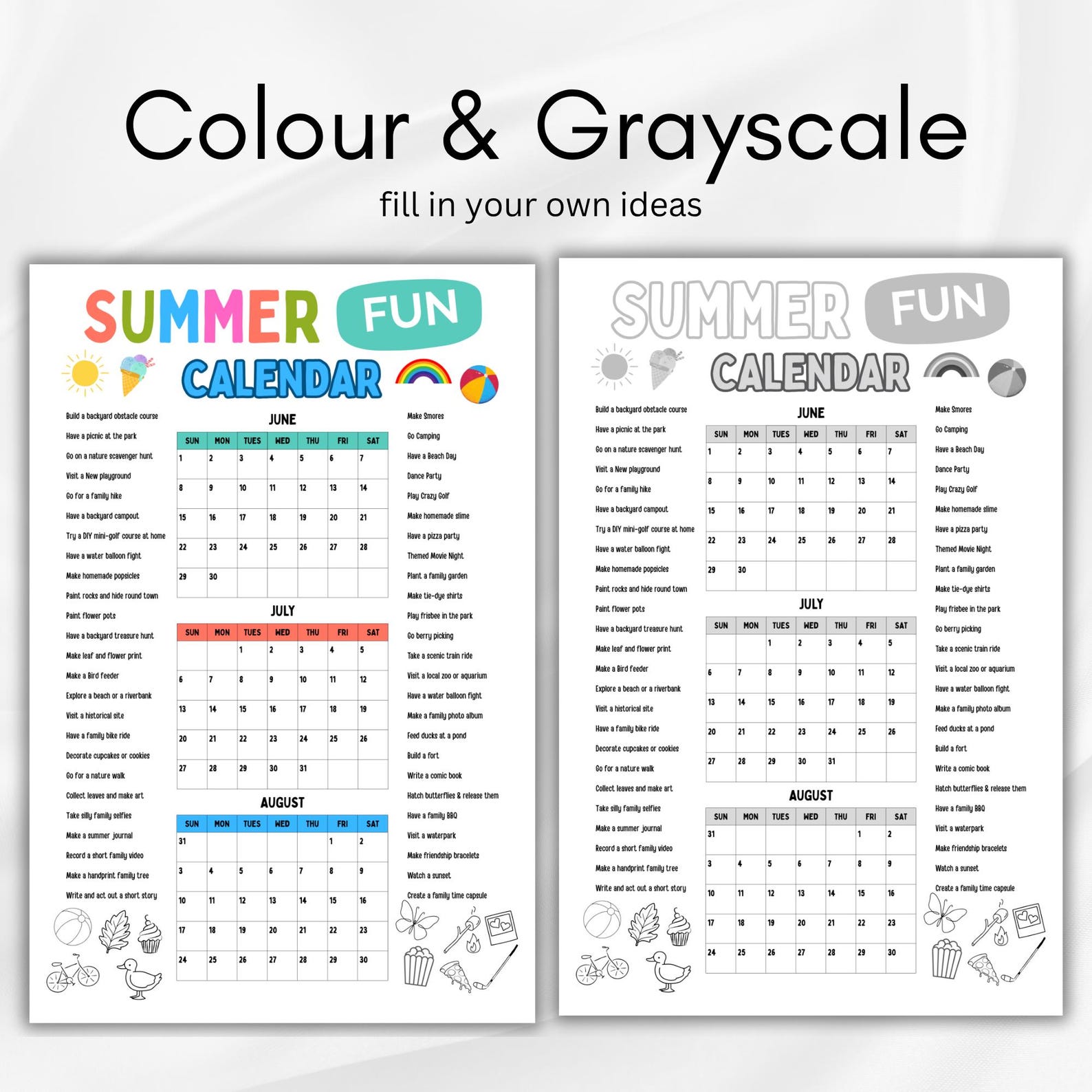 Kids' Summer Activity Calendar | Printable Family Bucket List (digital ...
