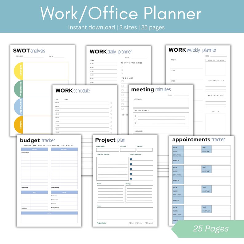 Work & Home Office Planner Printable Bundle Organize Projects, Tasks ...