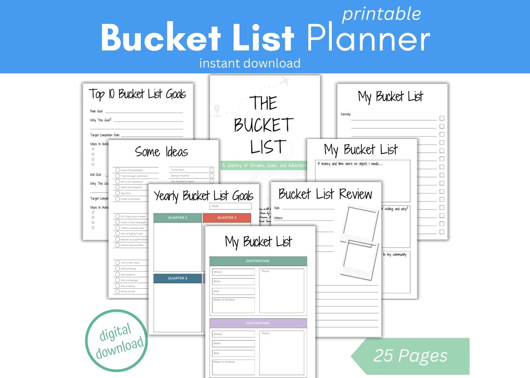 Bucket List Planner, Printable, Memory Tracker, Personal, Travel, Life ...
