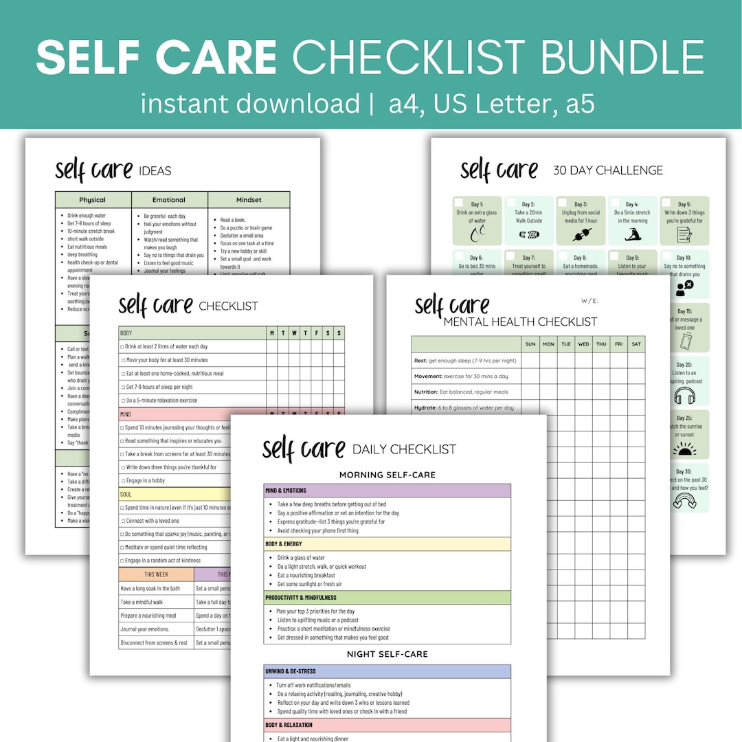 Self Care Checklist Bundle Printable | Daily, Weekly, Monthly | Self ...