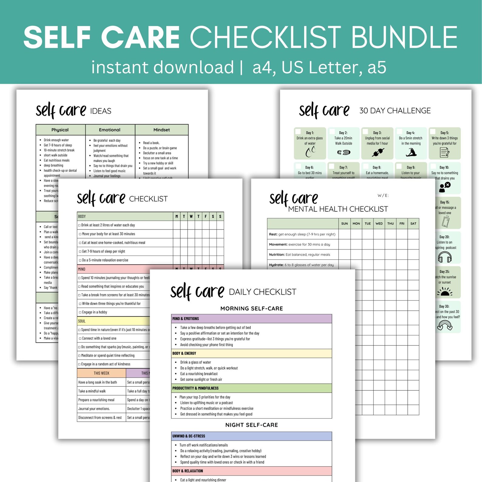 Self-care Checklist Bundle: Daily, Weekly, Monthly Tracker (PDF ...