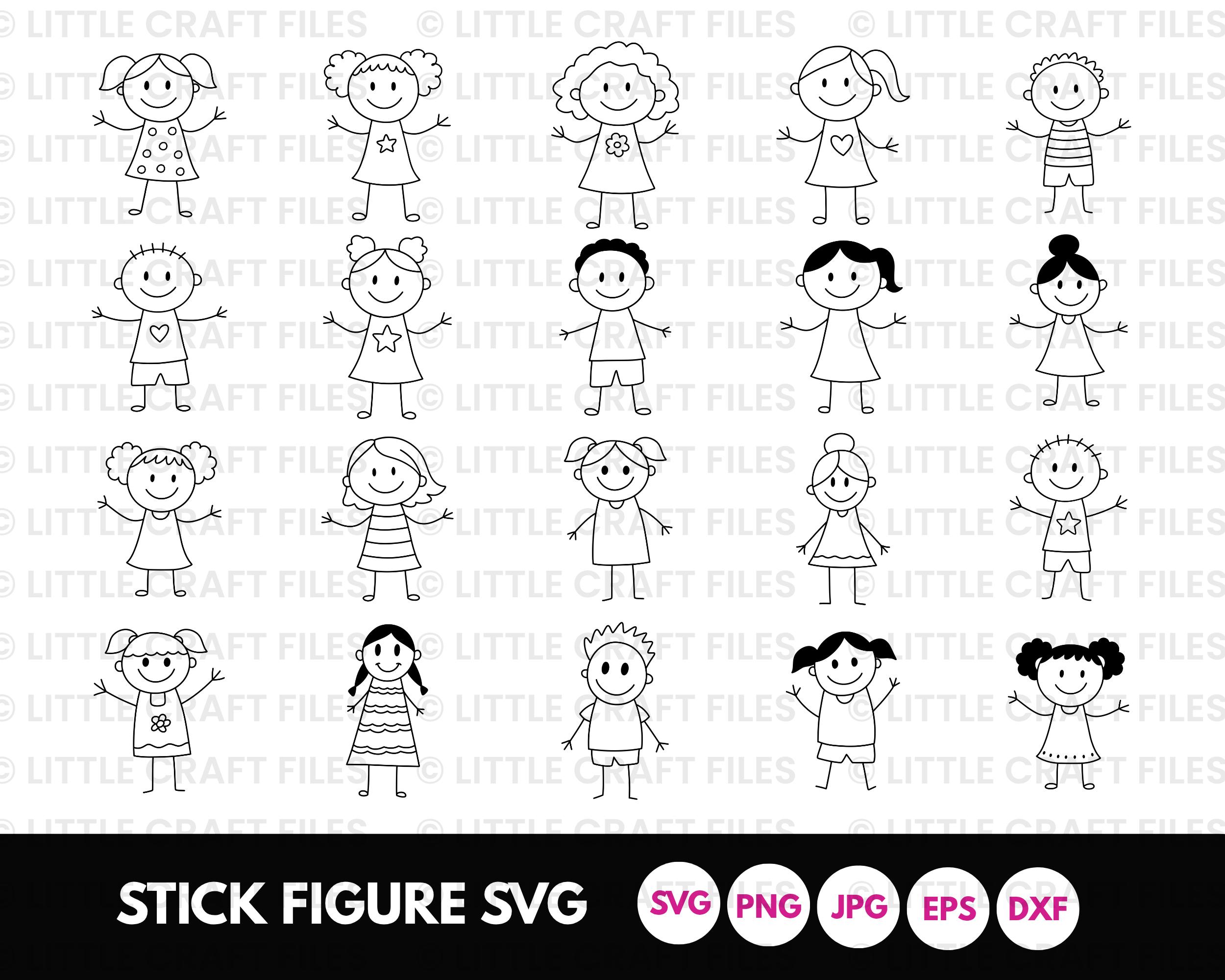 Stick Figure Kids SVG Bundle - Doodle Boys & Girls Clipart, Hand-drawn ...