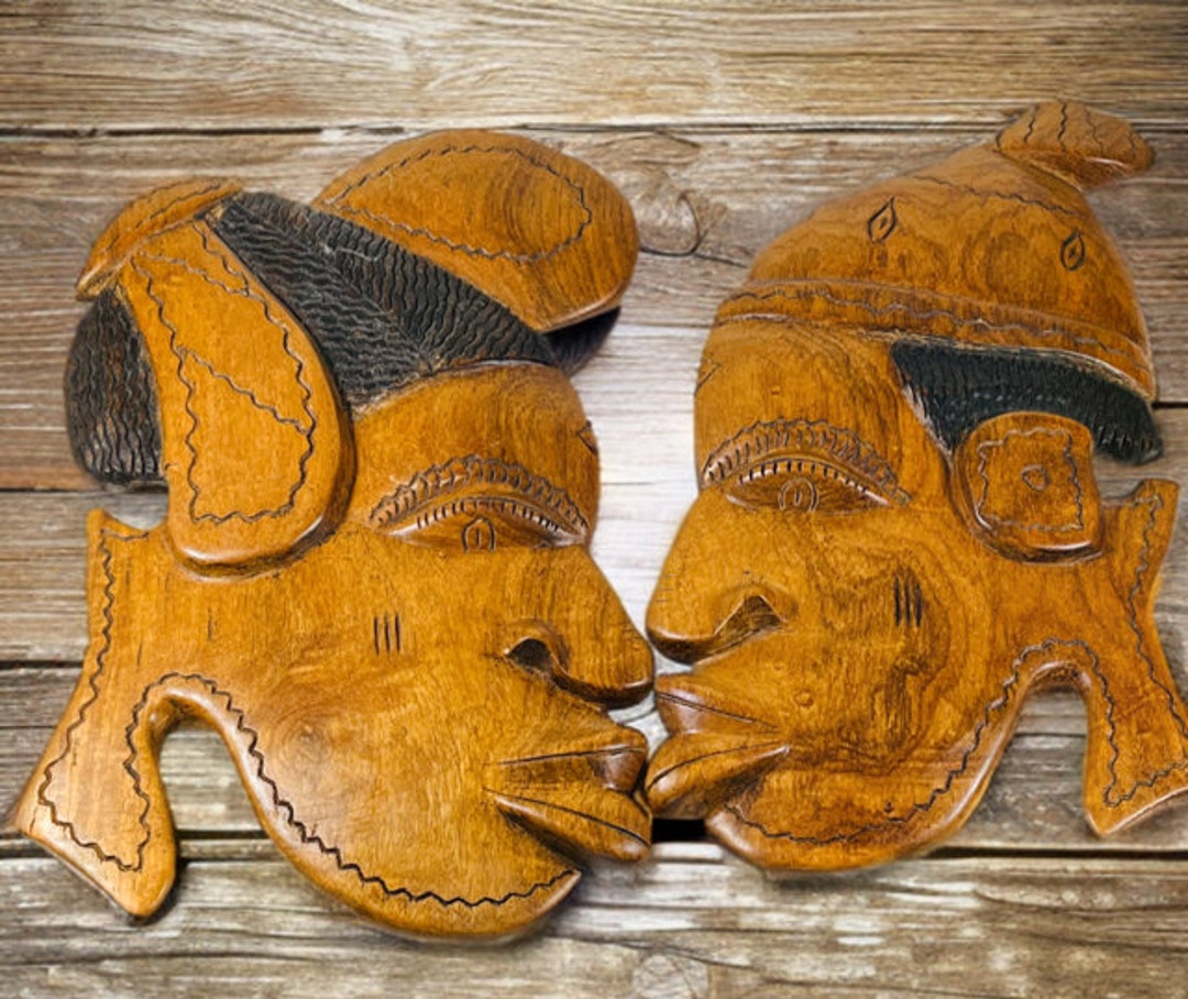 Hand Carved Pair of African Wooden Faces Heads Wall Plaques - Etsy