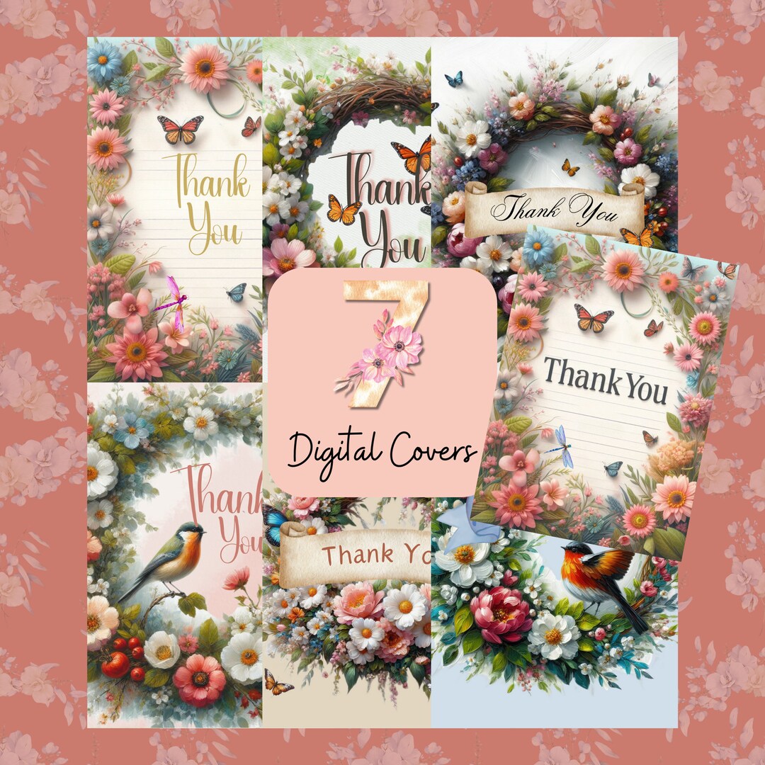 Thank You Cards Digital Download Spring Flowers & Butterflies ...
