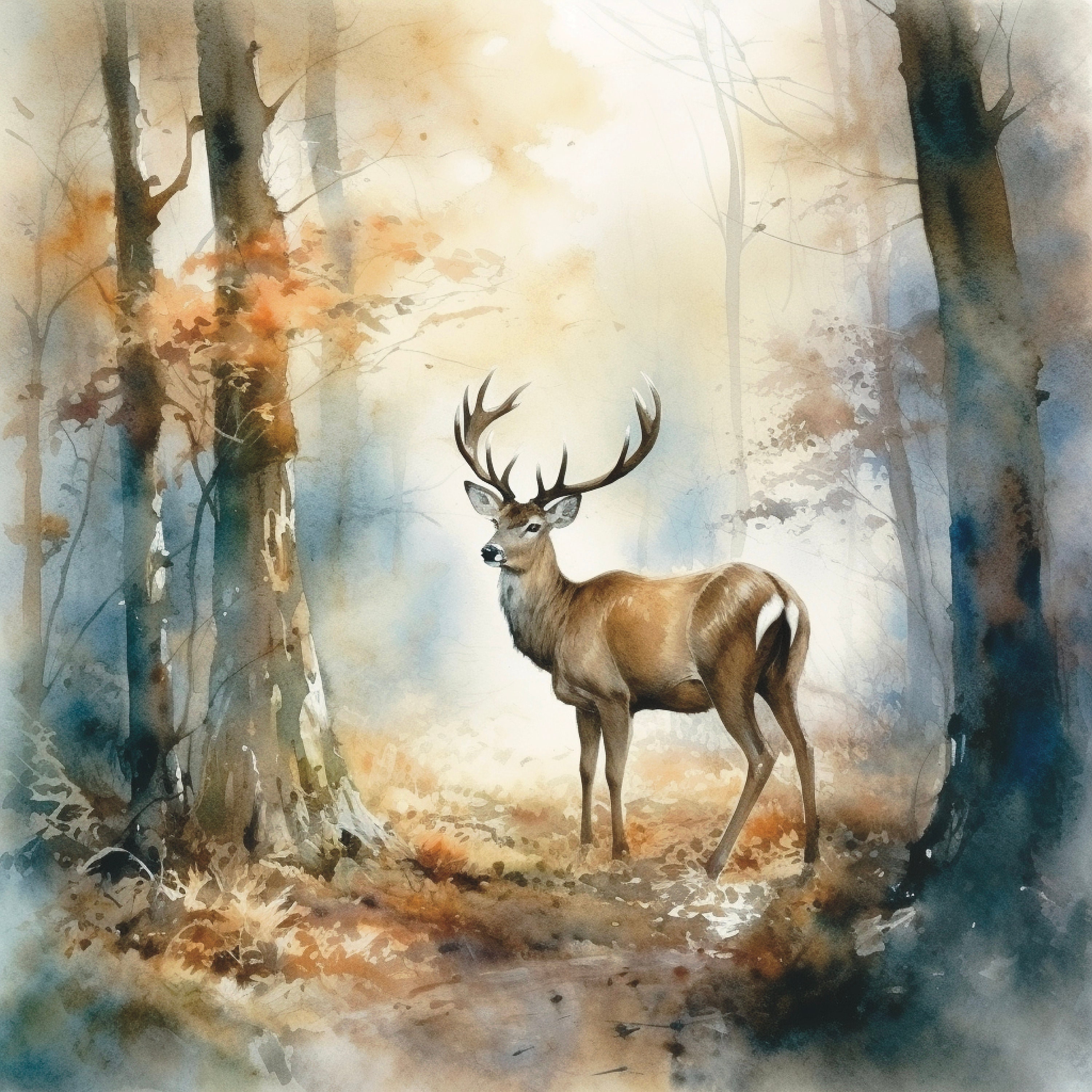 Watercolour Wall Art of a Deer in the Woods - Etsy