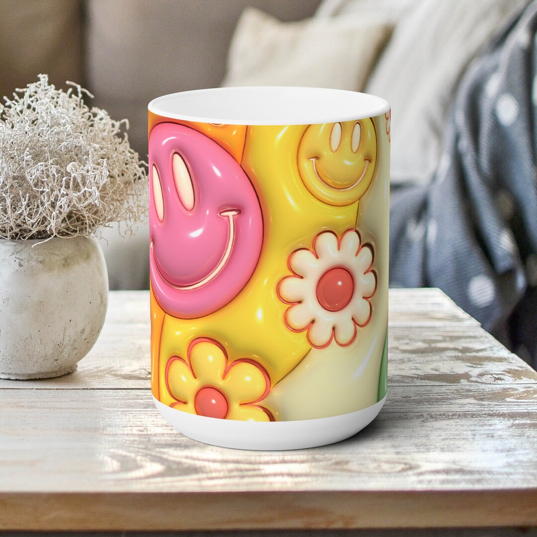 Smiley Flower Mug, Floral Coffee Cup, Happy Face Mug, Cute Tea Cup ...