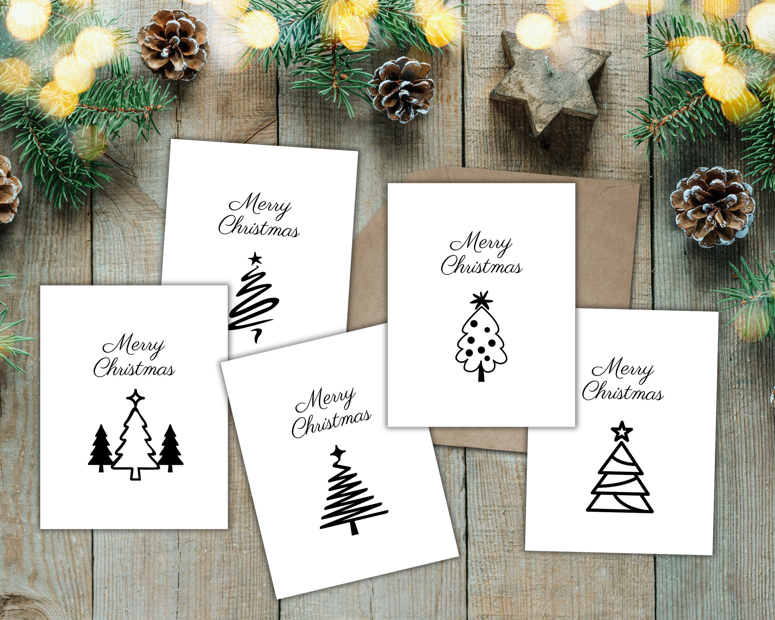Mini Christmas Tree Card Set | Printable Black and White Greeting Cards ...