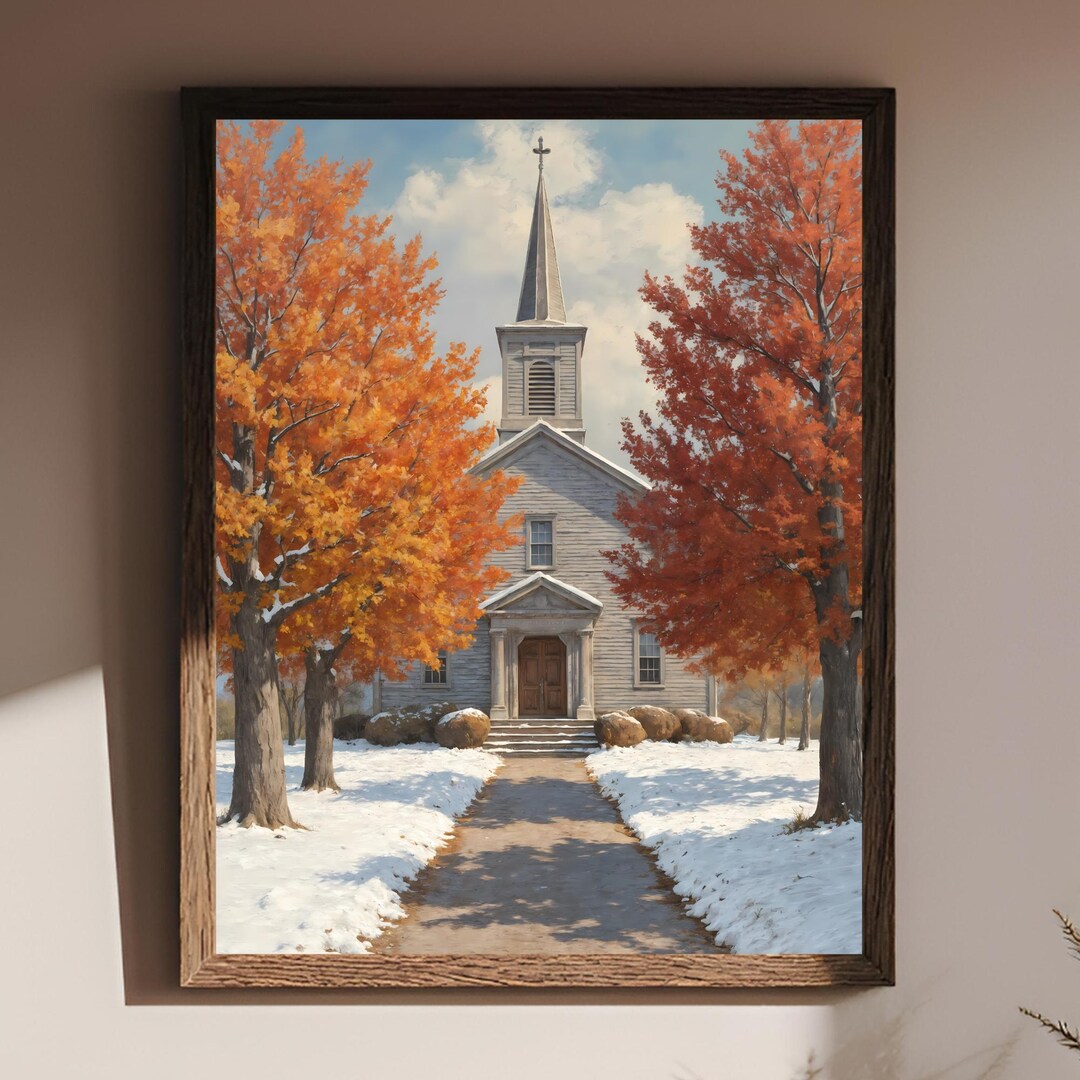 Village Church Wall Art, Autumn Winter Maple Trees Snow Landscape ...