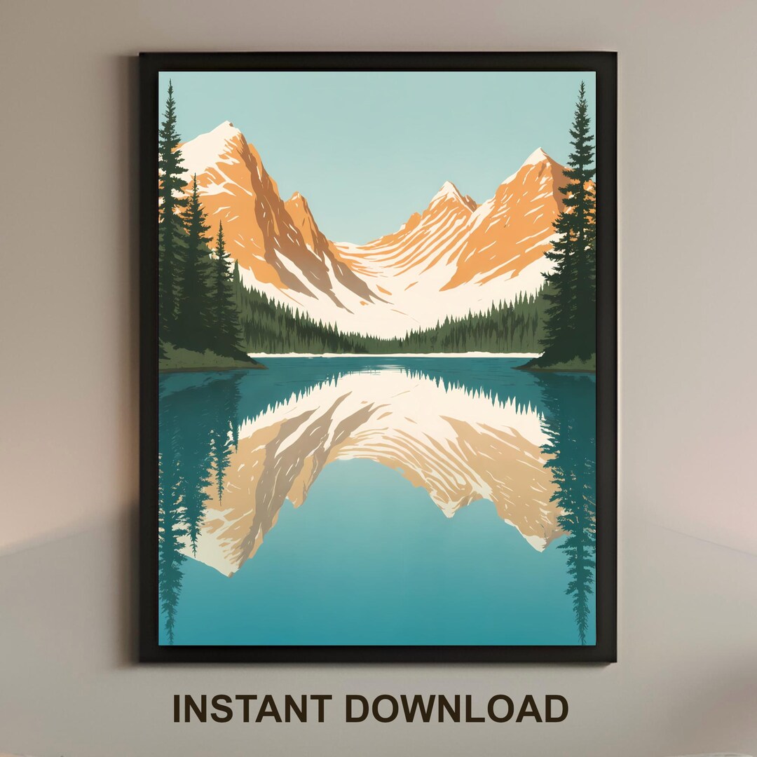 Alpine Lake Mountain Wall Art, Snow Peaks Pine Trees Nature Landscape ...