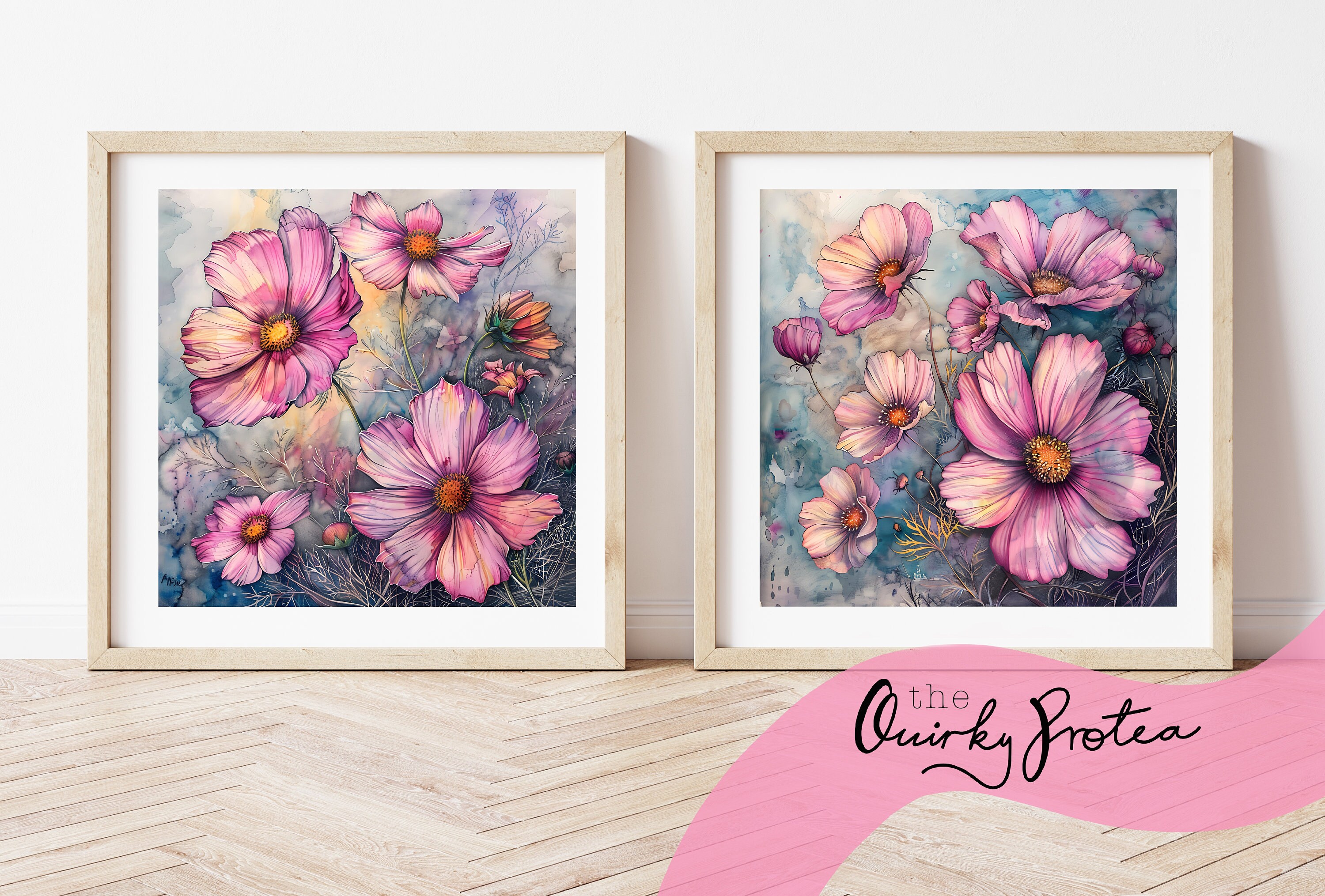 Cosmos Watercolour and Coloured Pencil Styl Prints, Square, Digital ...
