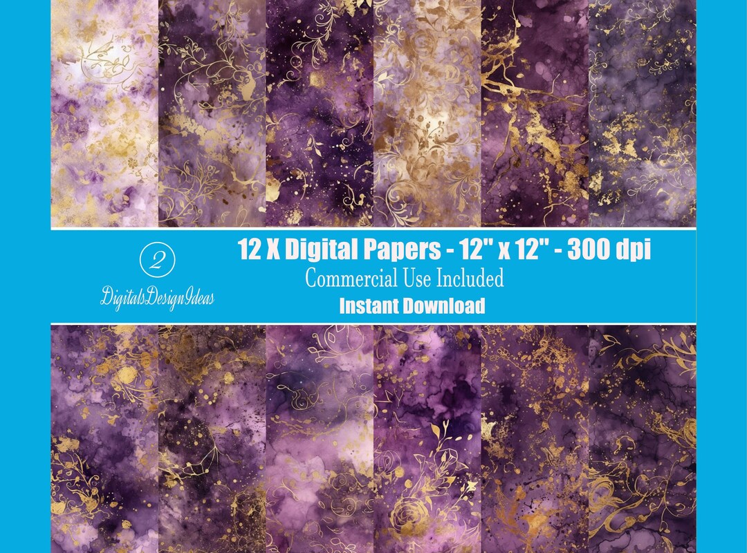 12 Violet Gold Watercolor Digital Paper Pack, Seamless Pattern Papers ...