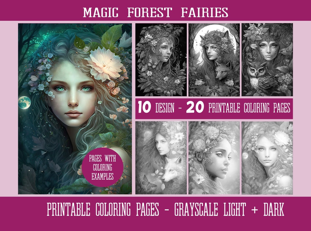 Magic Forest Fairies Coloring Book for Adult, Light and Dark Grayscale ...