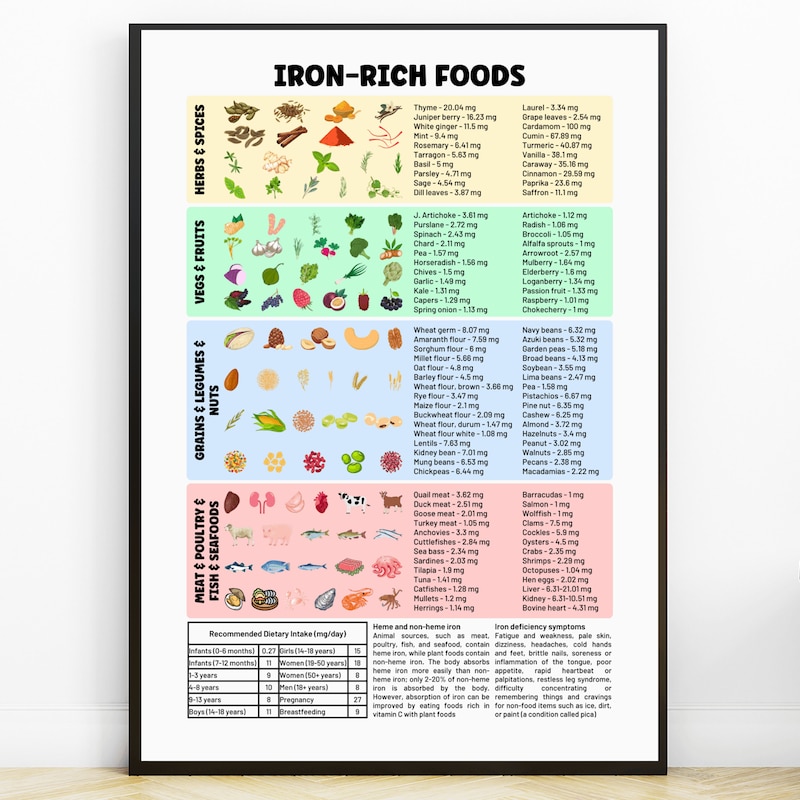 Iron Rich Food Chart - Etsy
